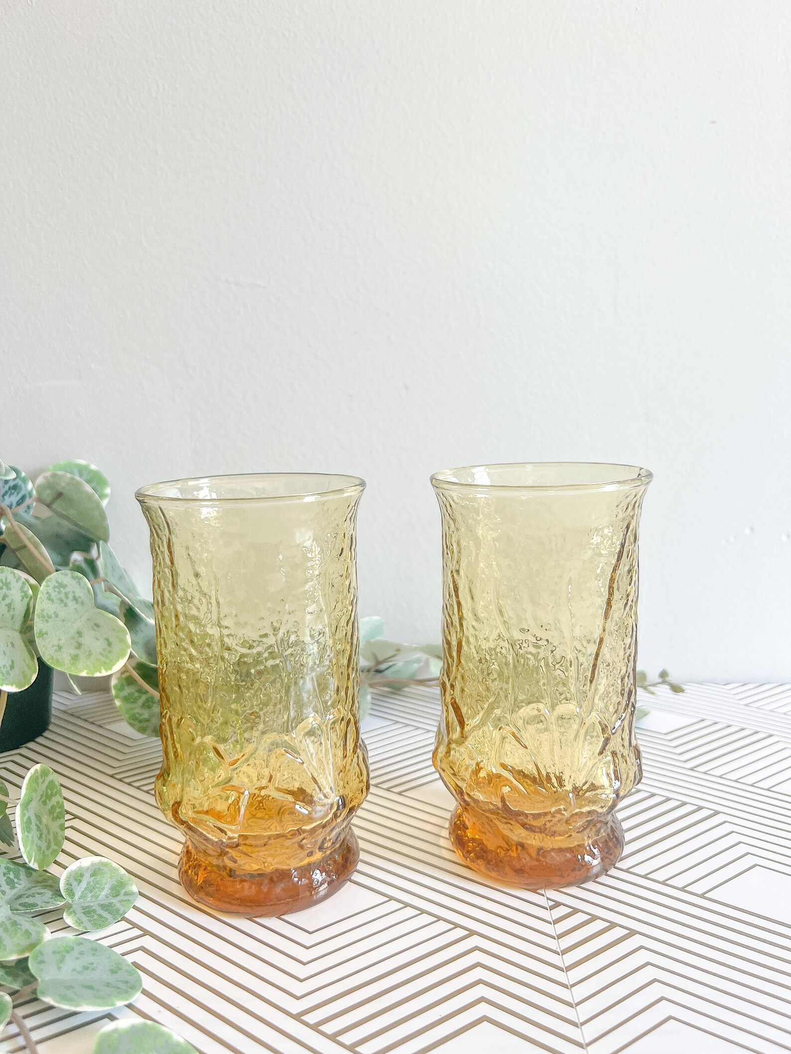 Vintage Amber Glass Drinking Glasses Set of 2 Retro Flower Embossed ...