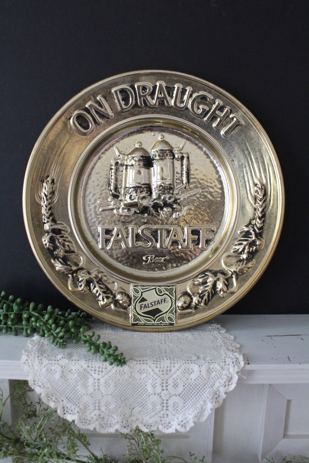 Vintage Aluminum Falstaff Beer Brewing Plaque - on Draught Gold Round ...