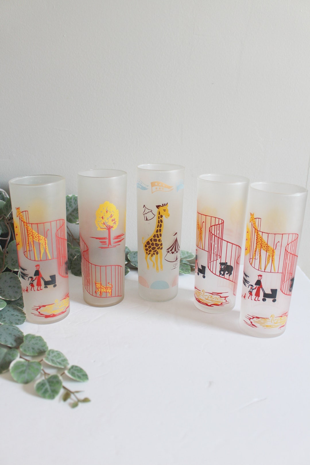 Vintage Circus Glasses | Set of 5 | Frosted Tall Circus Animal Scene ...