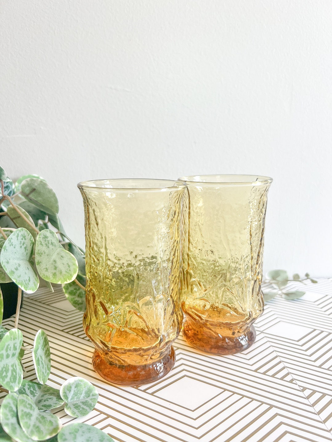 Vintage Amber Glass Drinking Glasses | Set of 2 | Retro Flower Embossed ...