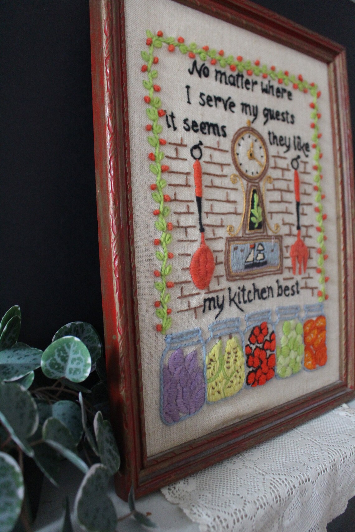 Vintage Crewel Embroidered Art Work - Colorful Kitchen Clock & Jars of ...