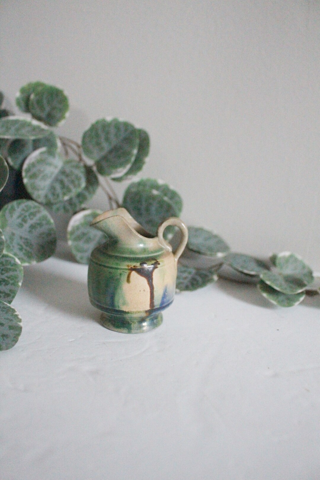 Vintage Miniature Pottery Pitcher | Tan, Green, & Blue Decorative Mini ...
