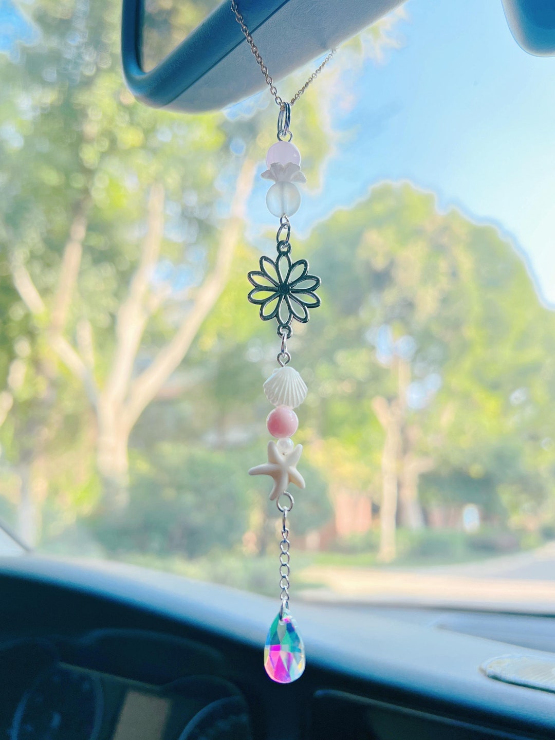 Kawaii Car Charm - Crystal Flower Rear View Mirror Car Charms - Etsy