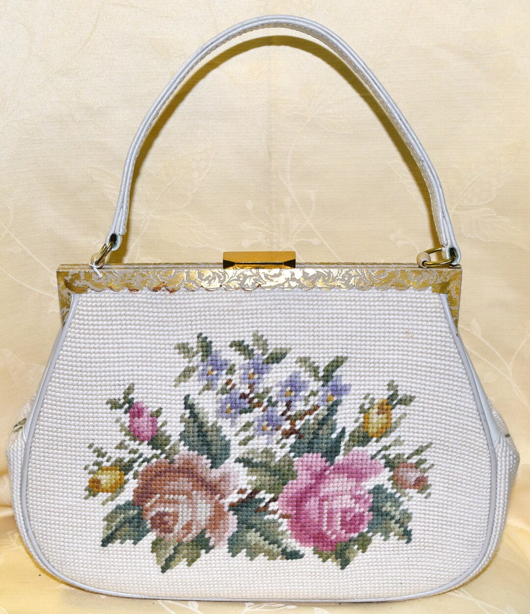 Vintage 1960’s Needlepoint Handbag Beige With Floral Design, Vintage ...