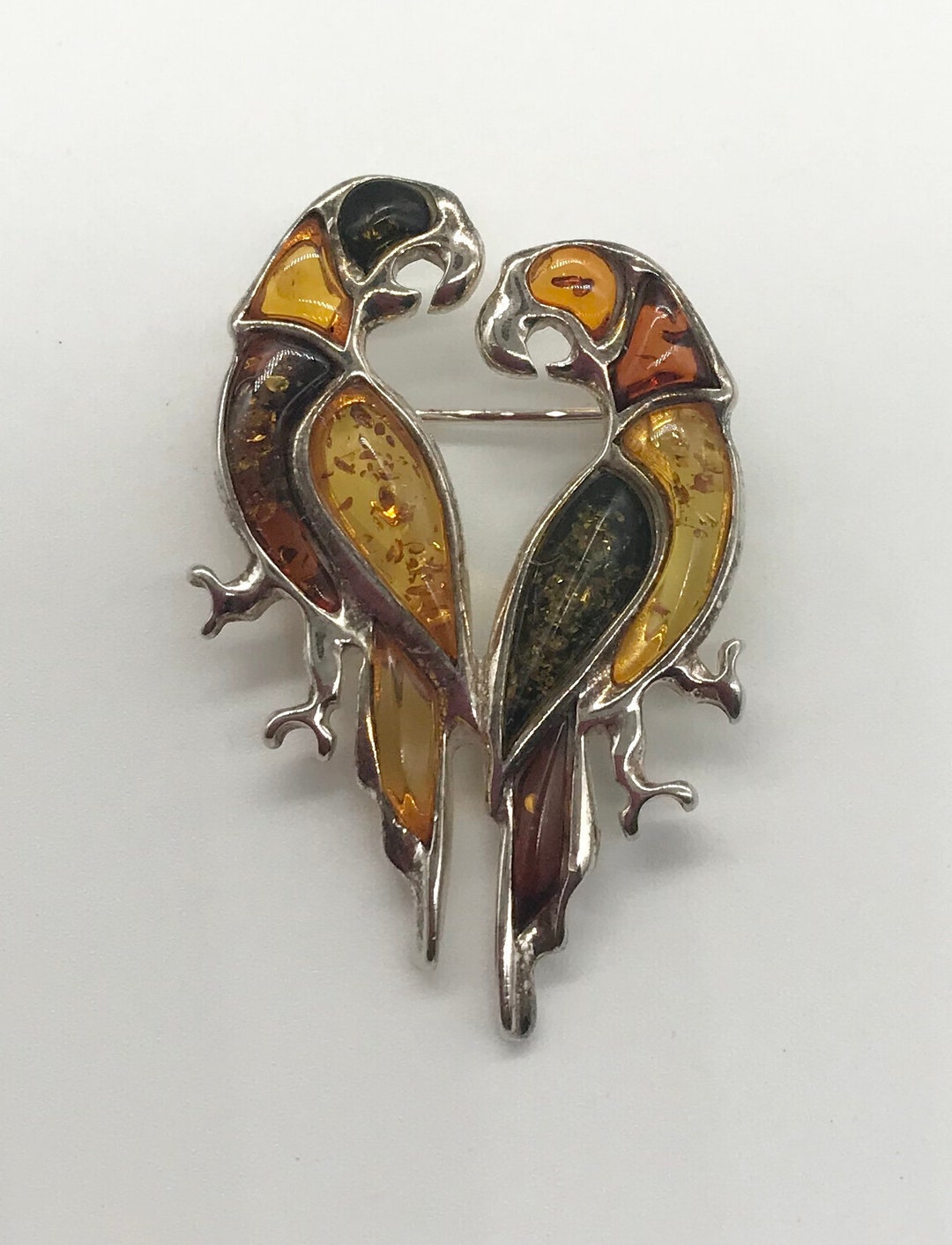 Authentic Baltic Amber With Silver Pair of Parrot Birds Brooch Pin ...