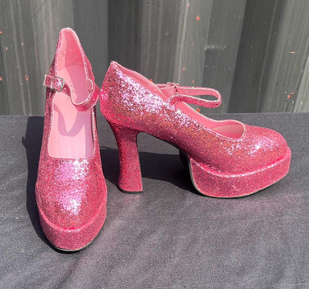Chunky Heel Sparkle Pink Mary Jane Shoes Size 12, Drag Shoes, Wizard of ...