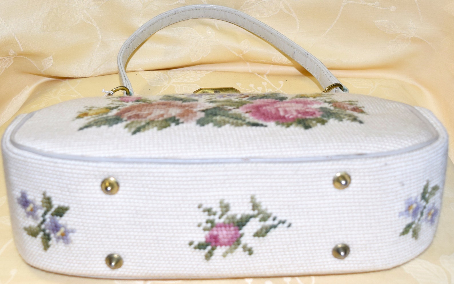 Vintage 1960s Needlepoint Handbag Beige With Floral Design, Vintage ...
