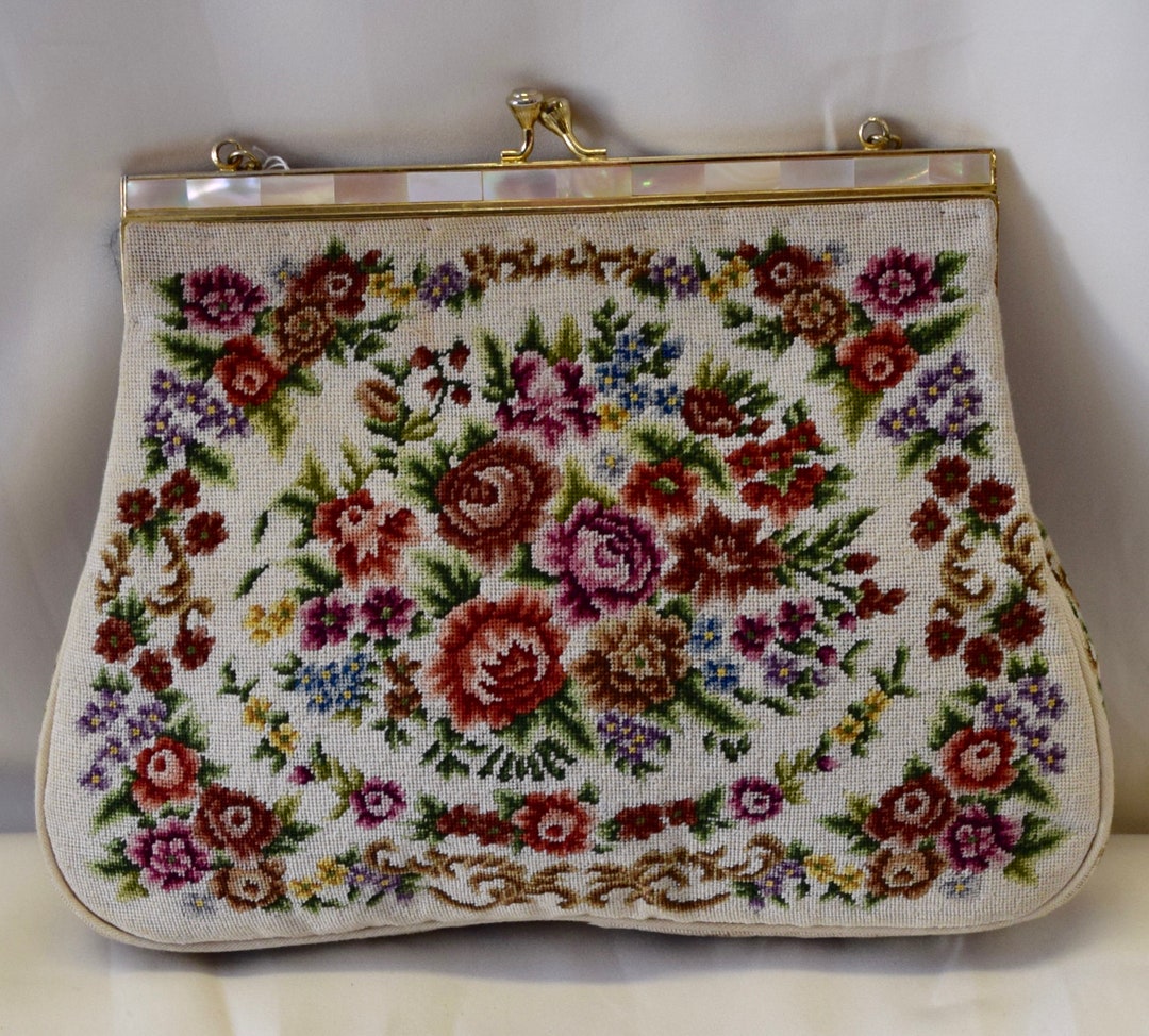 Vintage Small Needlepoint Purse With Mother of Pearl & Floral Design ...