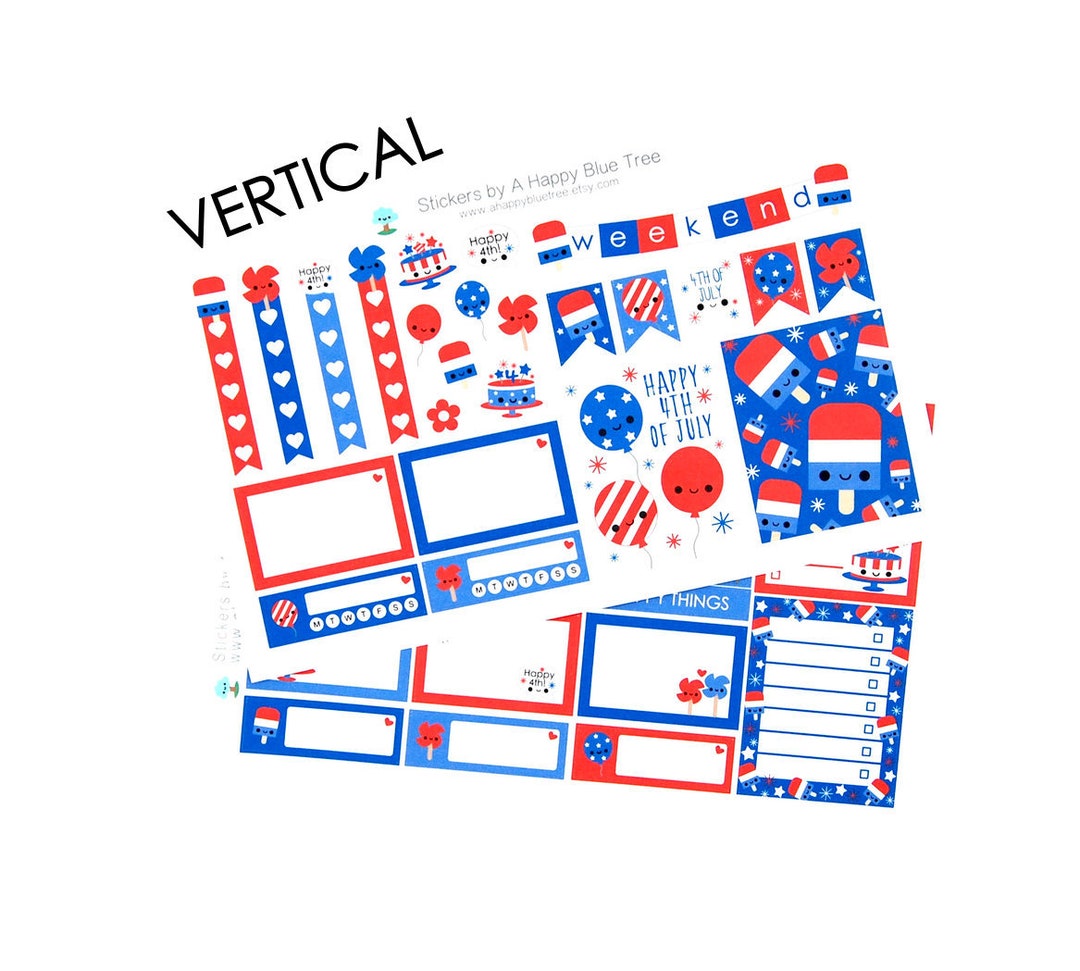 Happy July 4th Red White Blue Sticker Set VERTICAL Erin Condren Life ...