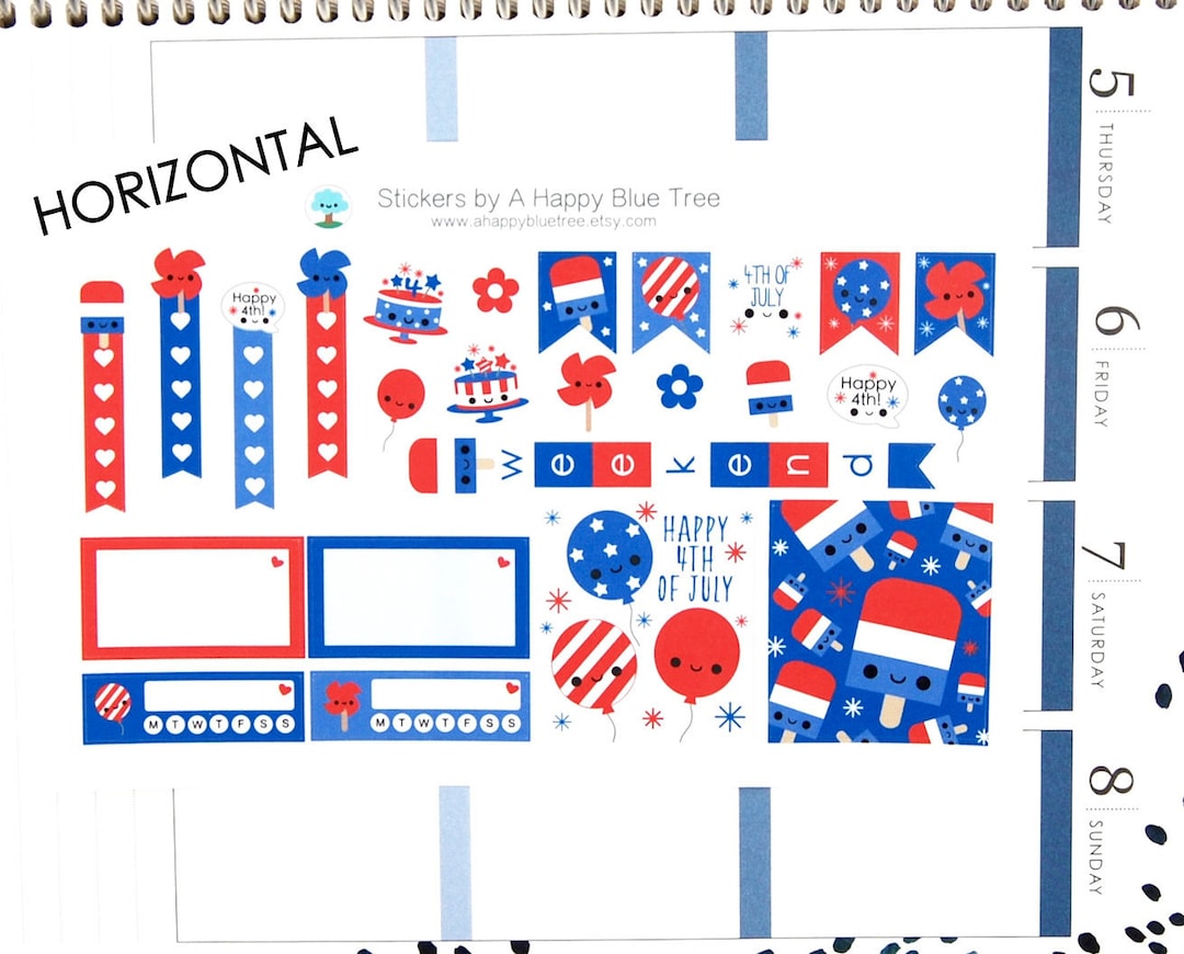 Happy July 4th Red White Blue Sticker Set HORIZONTAL Erin Condren Life ...