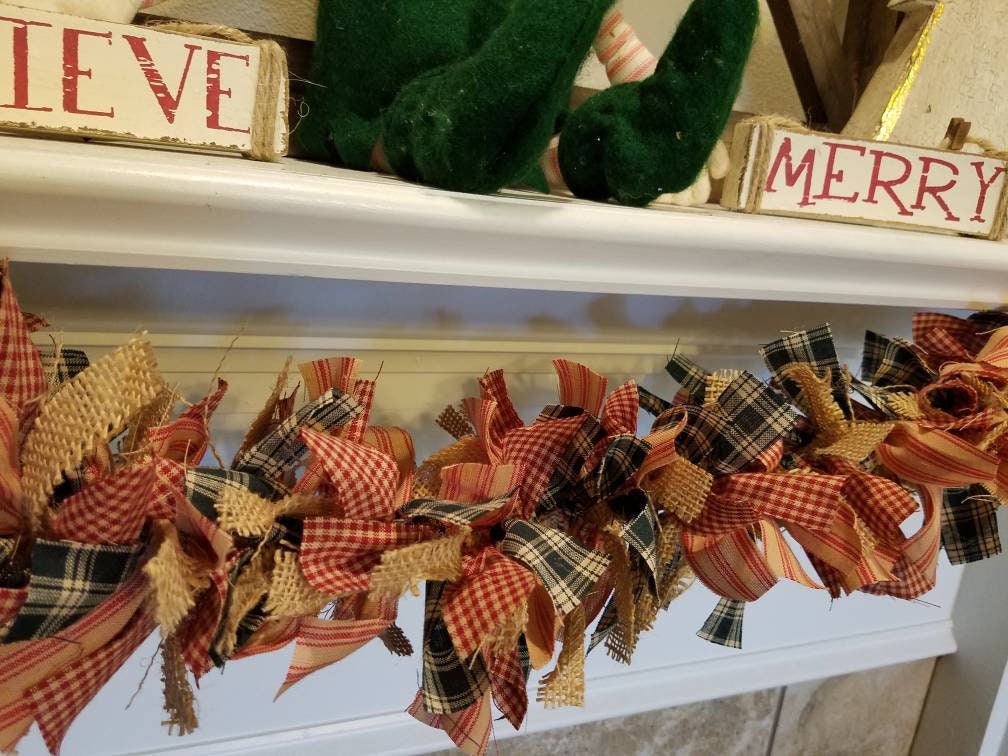 Rustic garland rustic antique fabric garland buffalo plaid | Etsy