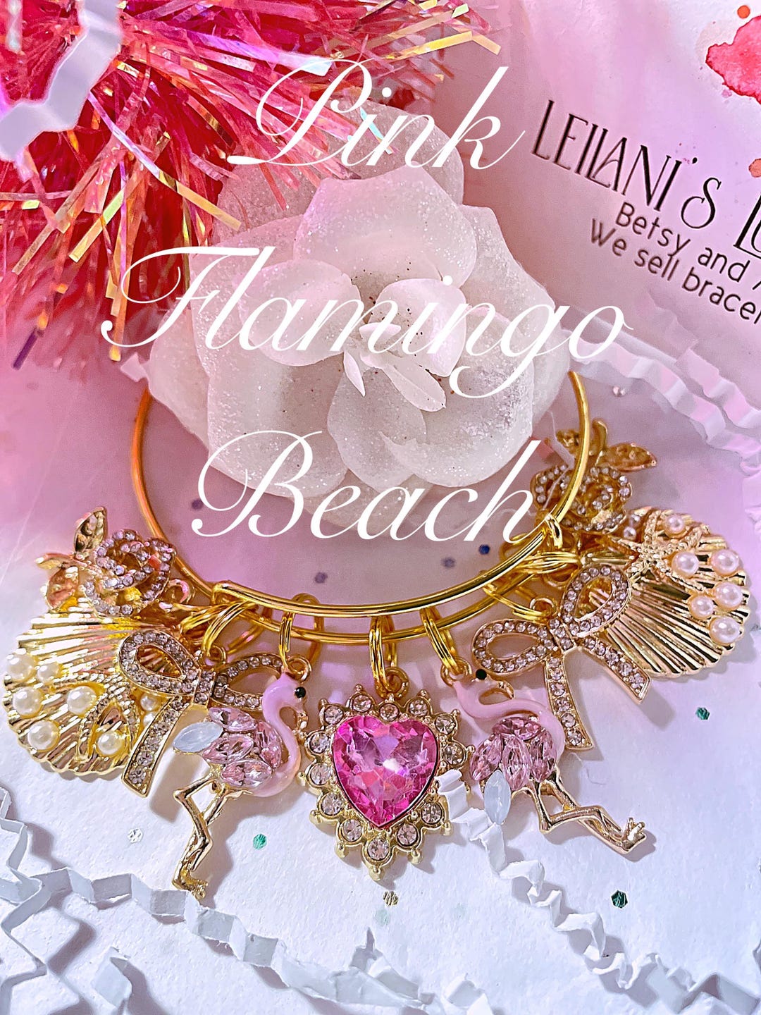 Flamingo Gold Charm Bangle Bracelet, Flamingos, Rhinestone Flamingos ...