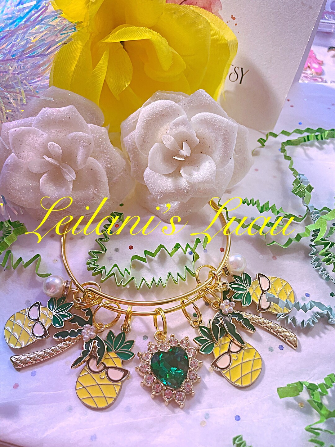 Pineapple Gold Charm Bangle Bracelet, Luau Bangle, Summer, Pineapples and Palm Trees - Etsy