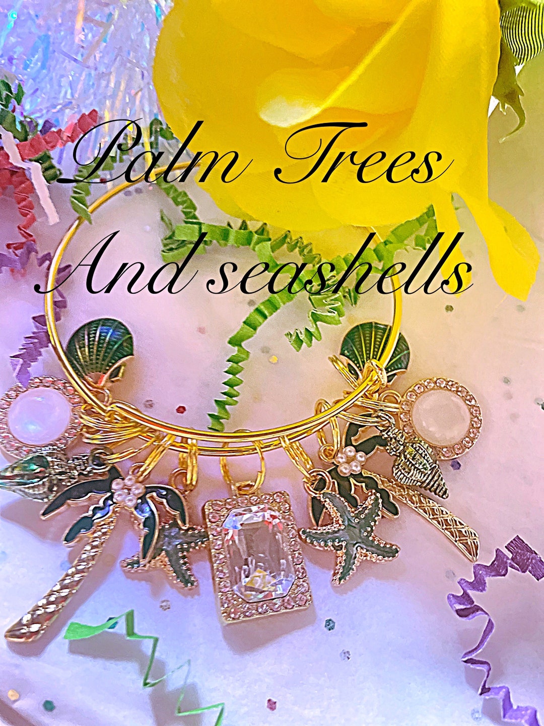 Summer Gold Charm Bangle Bracelet/ Shell Bracelet/ Tropical Bangle ...