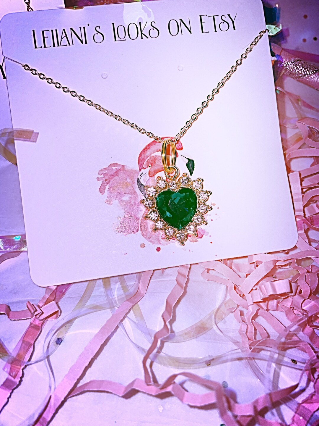 Green Crystal Heart Necklace / 14k Gold Plated Cable Chain /18 - Etsy