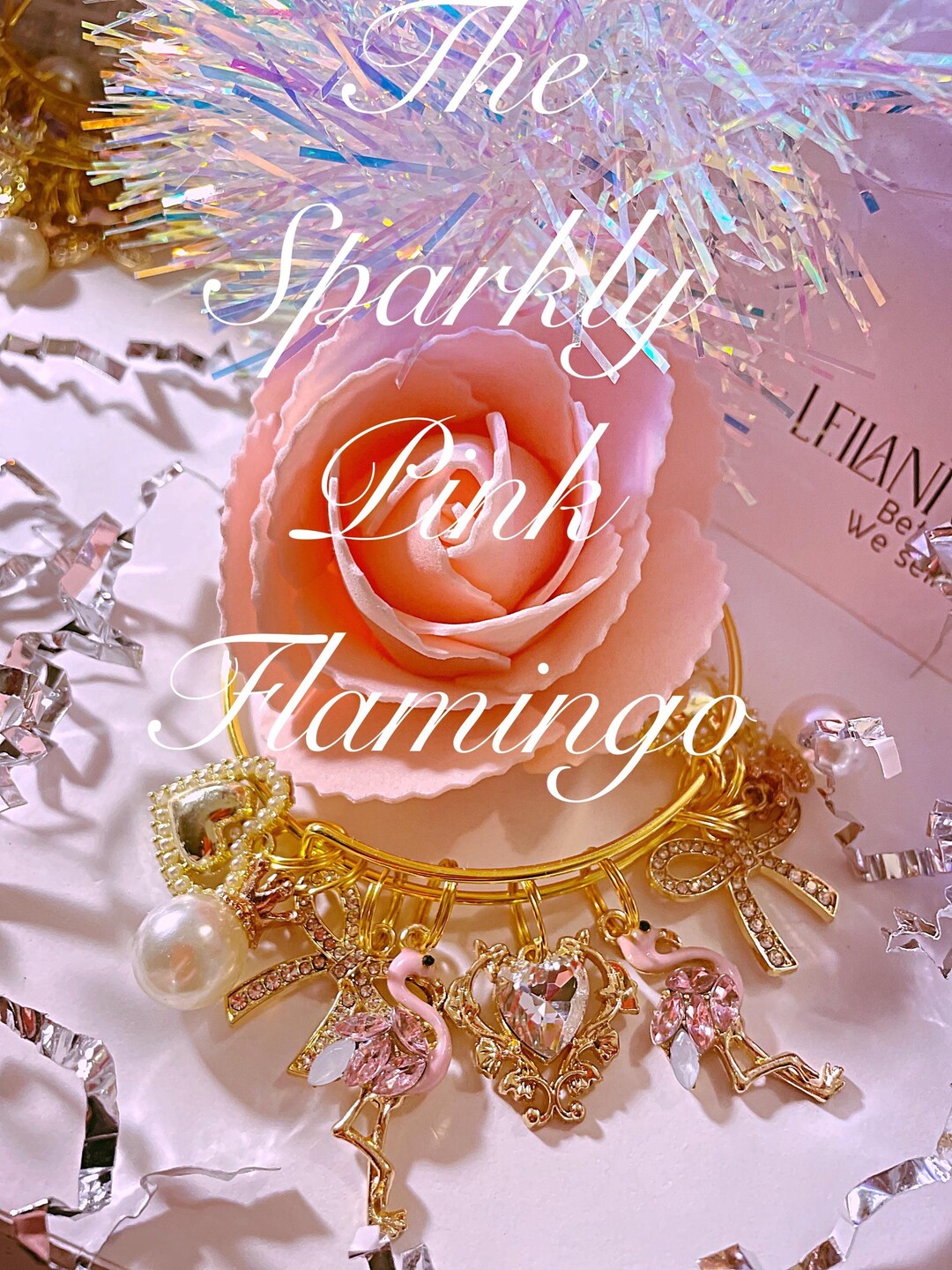 Flamingo Gold Charm Bangle Bracelet, Flamingos, Rhinestone Flamingos ...