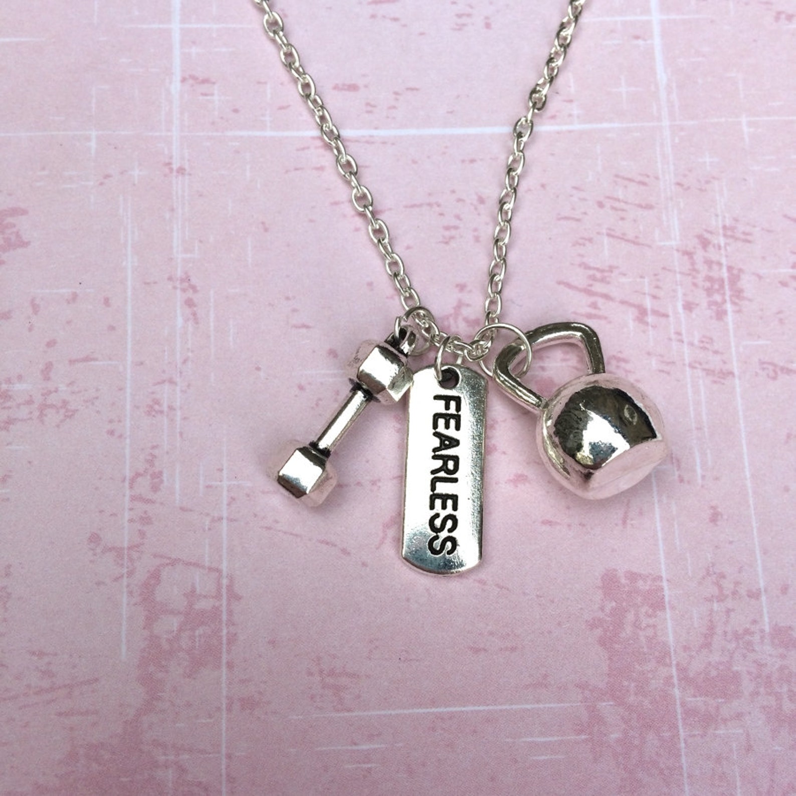 Kettlebell Fitness Necklace With Fearless & Dumbbell Charms / Gym Gift ...