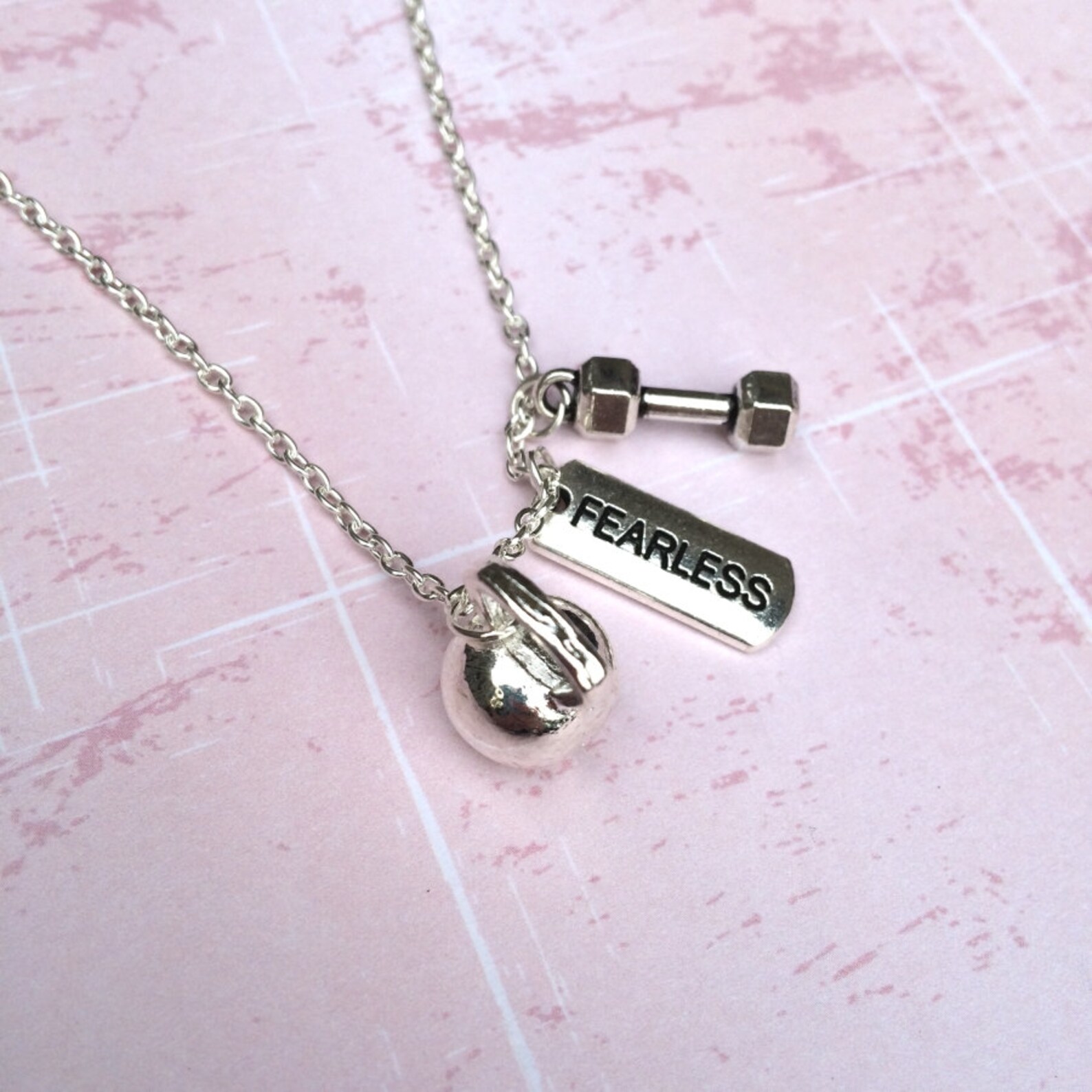 Kettlebell Fitness Necklace With Fearless & Dumbbell Charms / Gym Gift ...