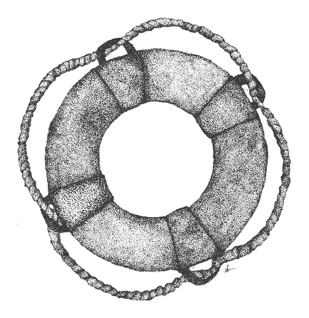Maine Life Preserver Saver Pen and Ink Sketch Nautical Boat Art Print ...