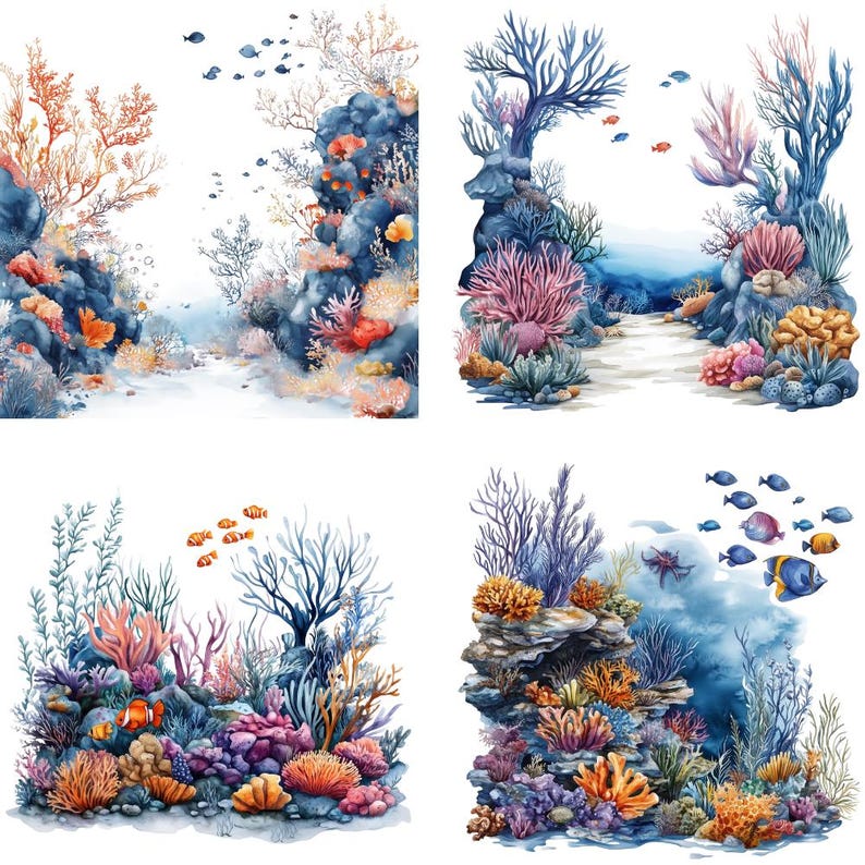 14 Coral Reef Watercolor Clipart PNG. Sea Clipart, Digital Download ...