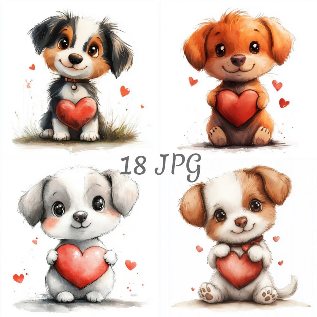 18 Cute Puppy With Heart Watercolor Clipart JPG, Digital Download, Junk ...