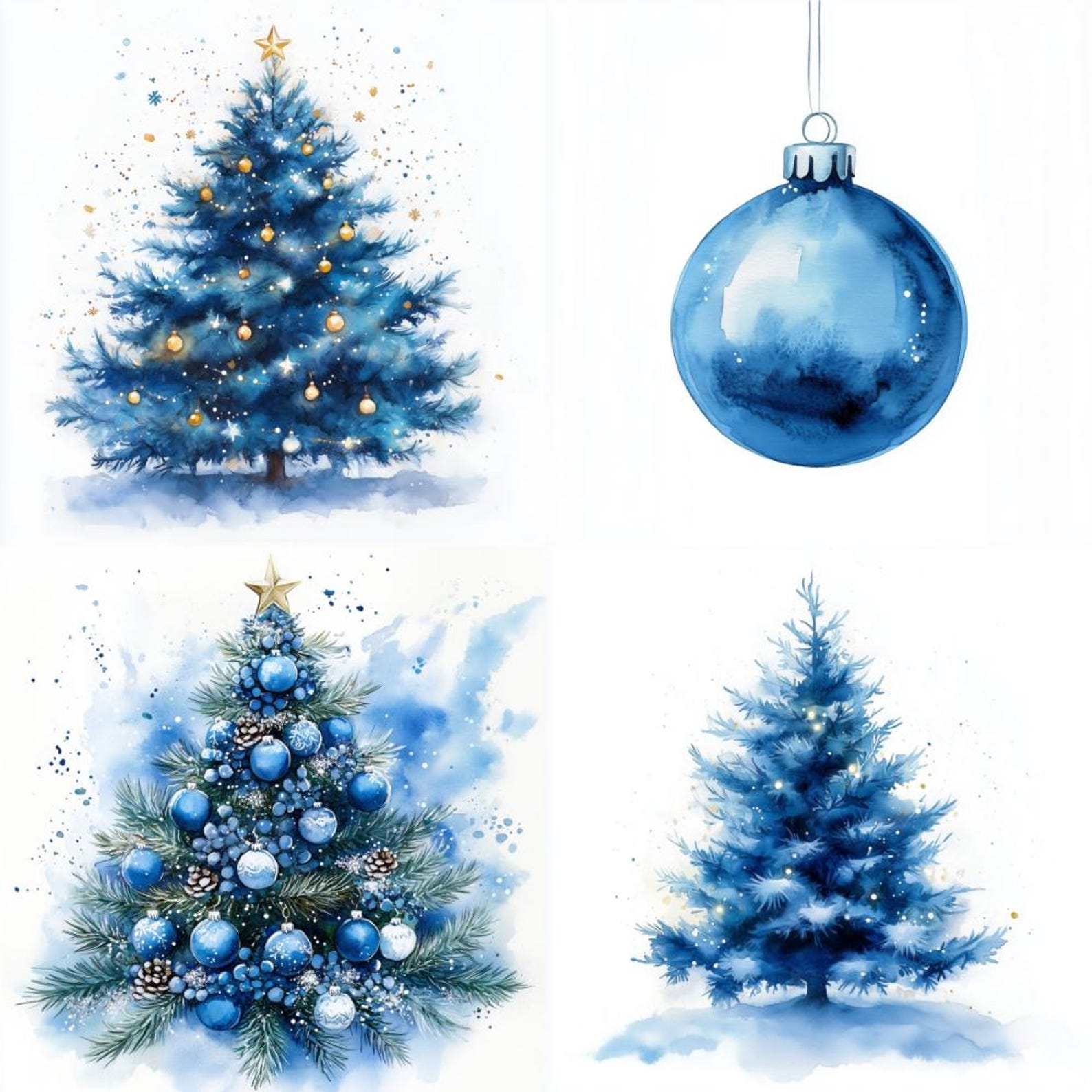 30 Blue Christmas Watercolor Clipart JPG, Digital Download, Junk ...