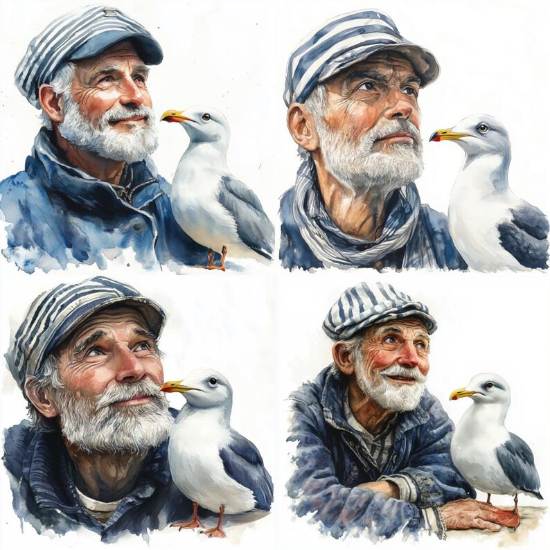 26 Old Man and Seagull Watercolor Clipart JPG, Digital Download, Junk ...
