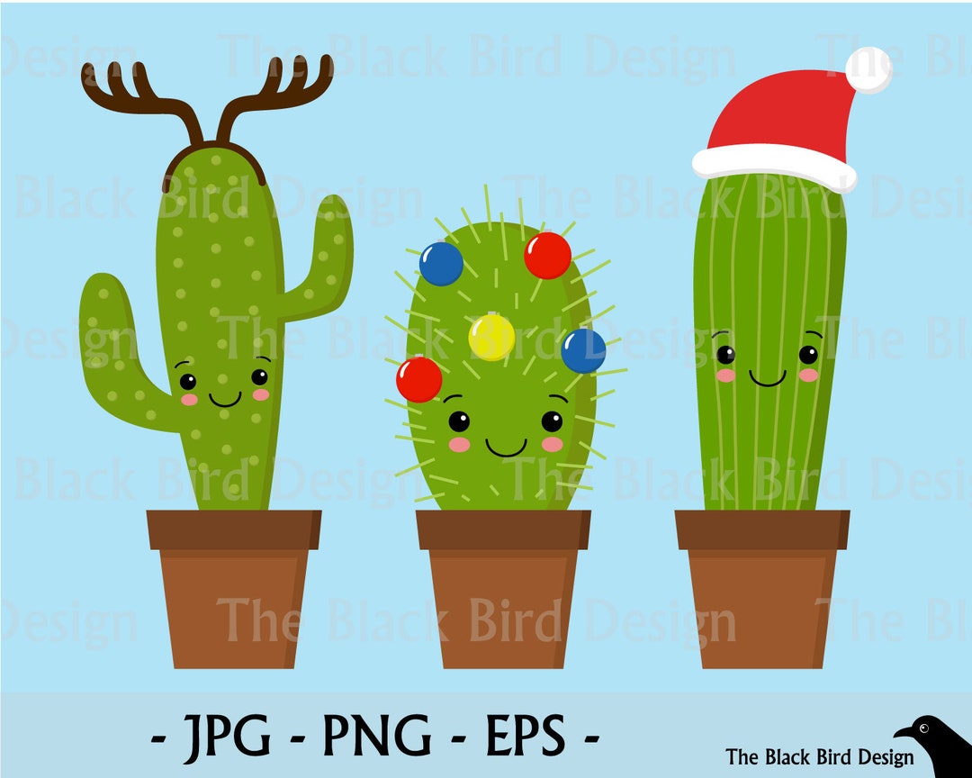 Set of Cute Christmas Cacti, Kawaii Cactus Plant, Cartoon Digital ...