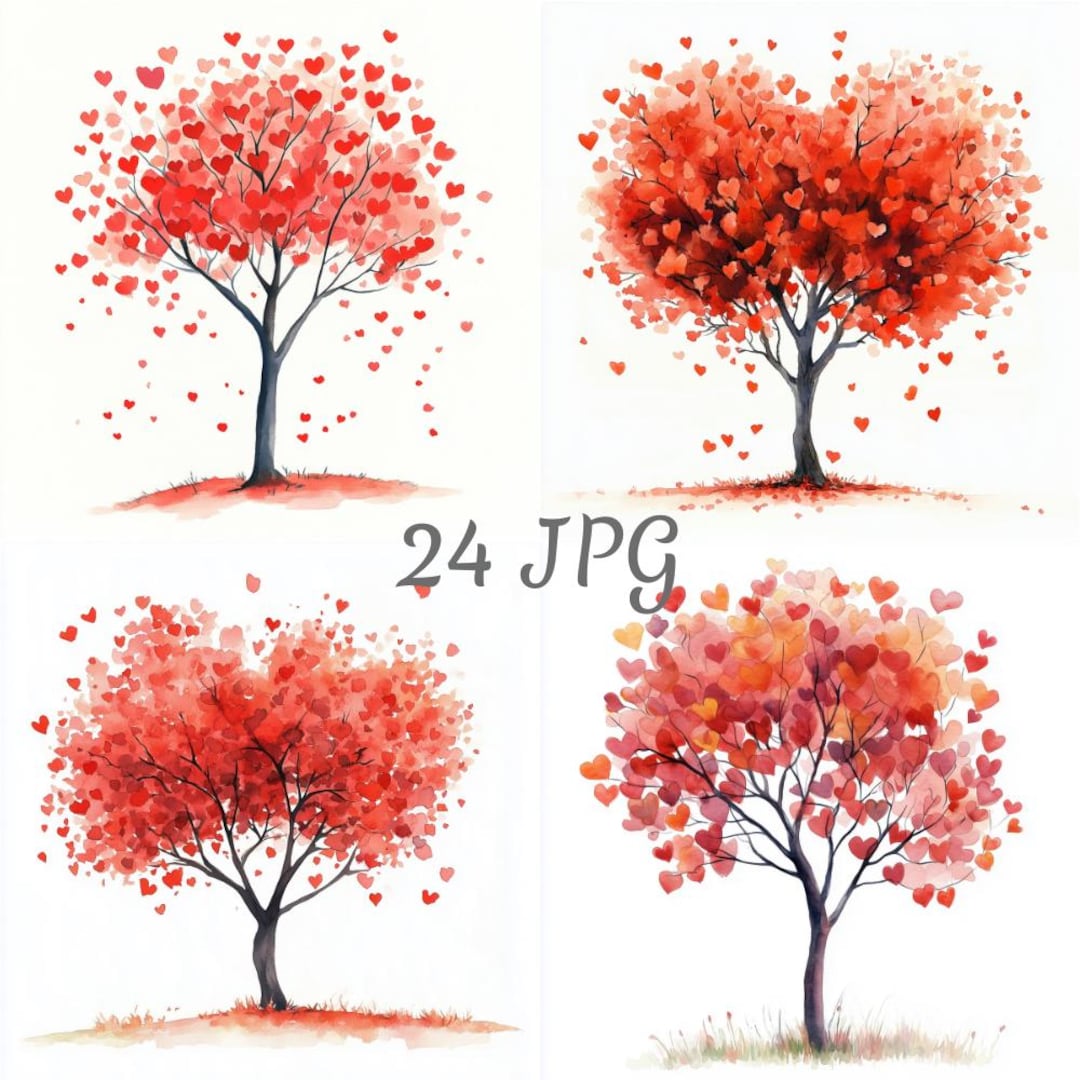 24 Love Tree Watercolor Clipart JPG, Digital Download, Junk Journals ...