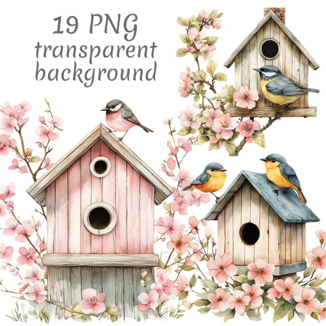 19 Spring Birdhouse Watercolor Clipart PNG. Digital Download, Junk ...