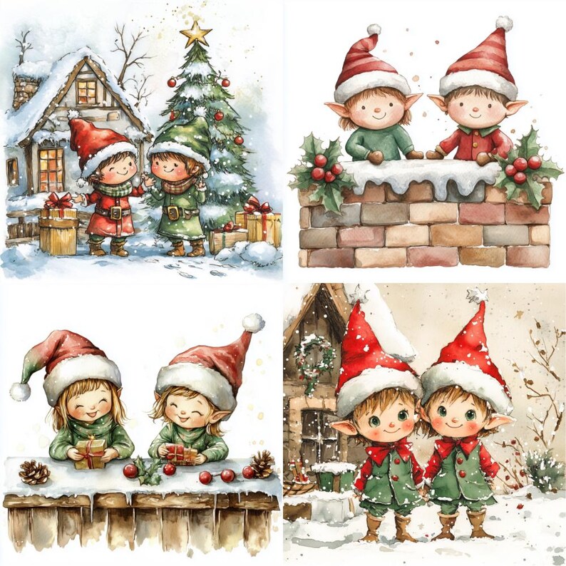 38 Christmas Elves Watercolor Clipart JPG, Digital Download, Junk ...