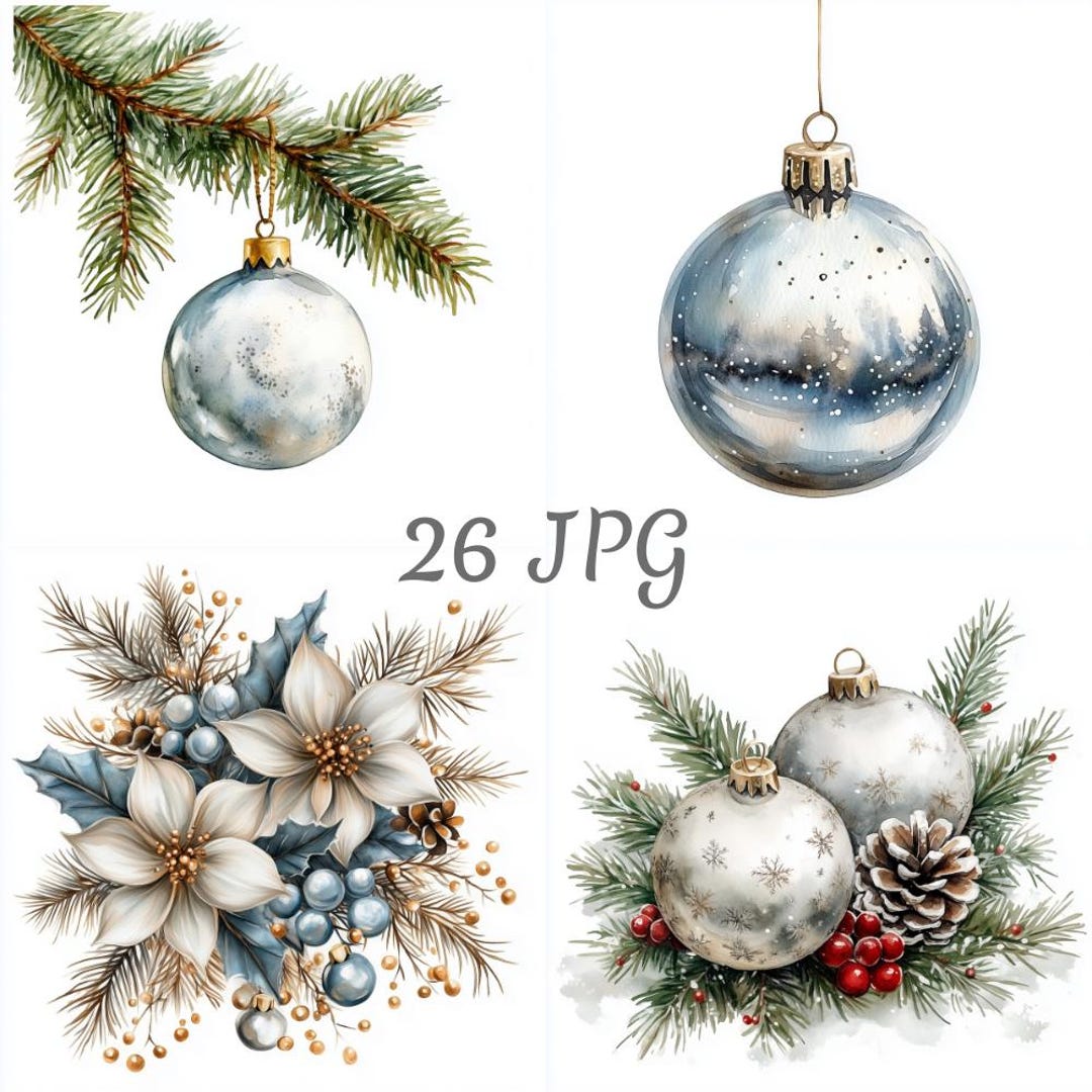 26 Silver Christmas Watercolor Clipart JPG, Digital Download, Junk ...