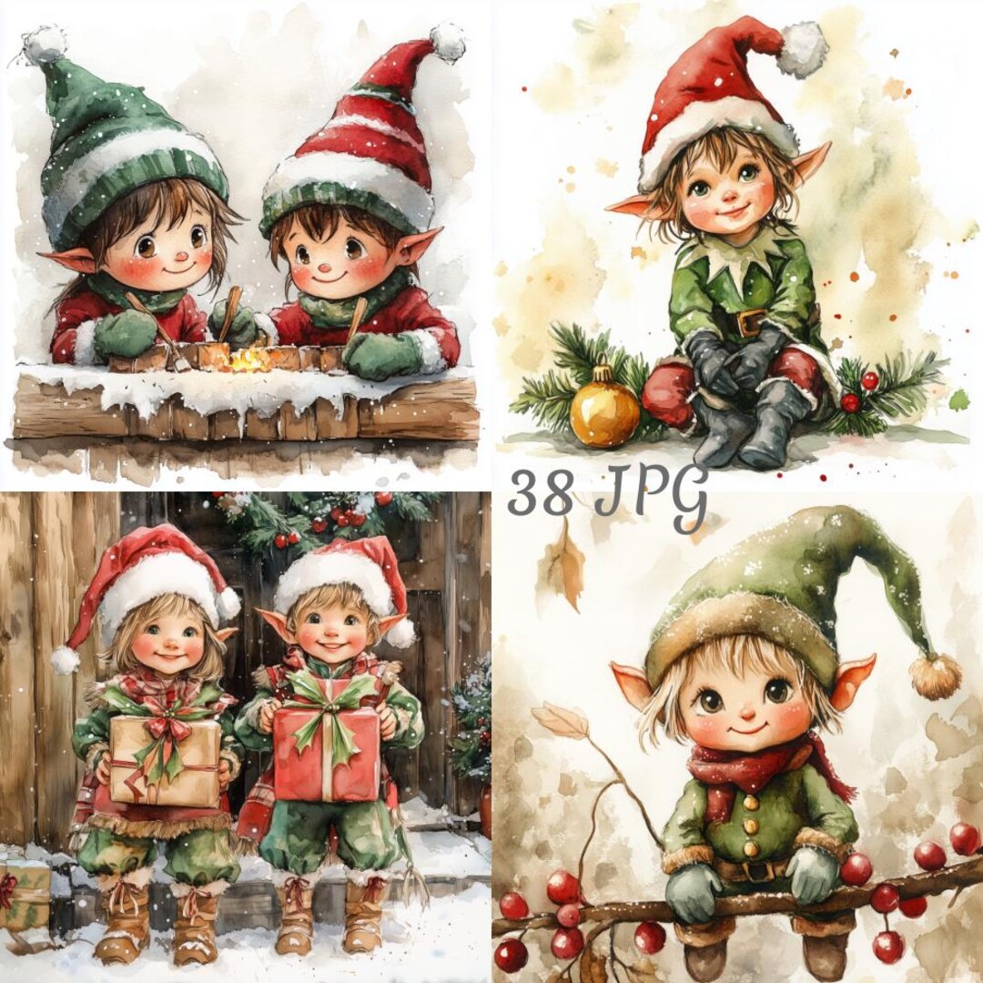 38 Christmas Elves Watercolor Clipart JPG, Digital Download, Junk ...
