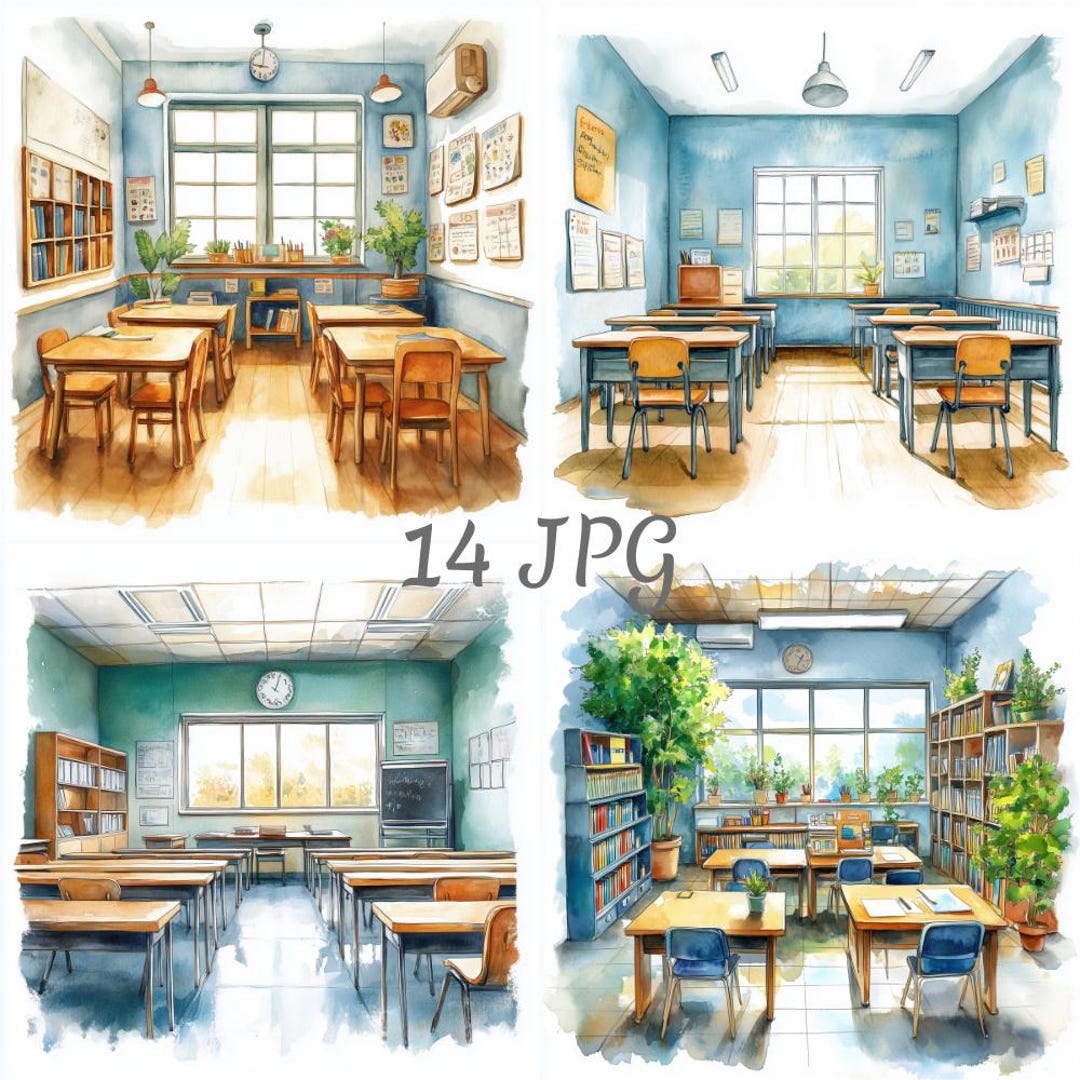 14 Classroom Scene Watercolor Clipart JPG, Digital Download, Junk ...
