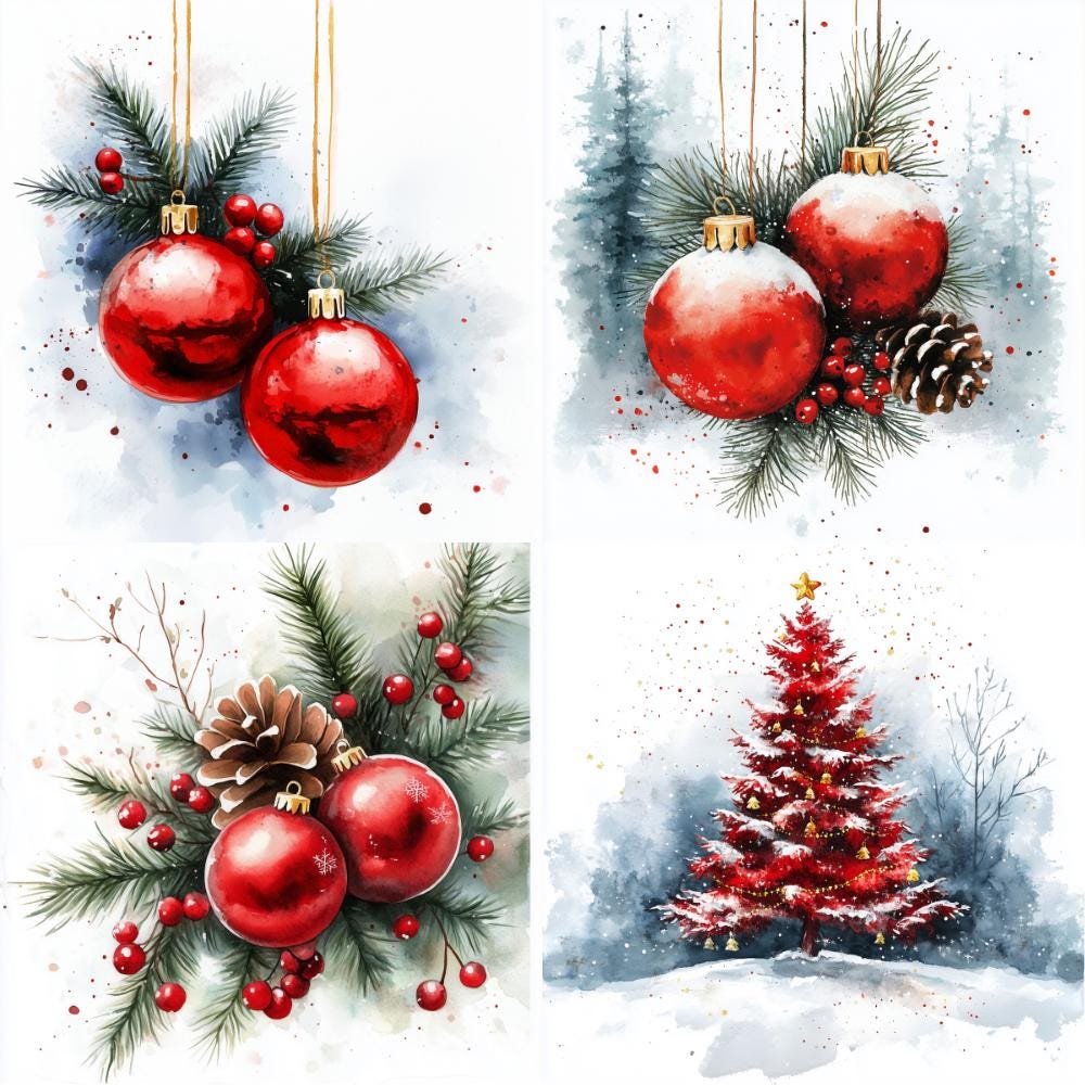 35 Red Christmas Watercolor Clipart JPG, Digital Download, Junk ...