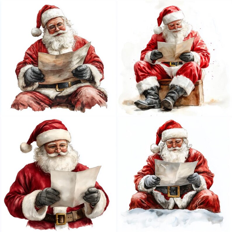 15 Santa Reading Letters Watercolor Clipart JPG, Digital Download, Junk ...