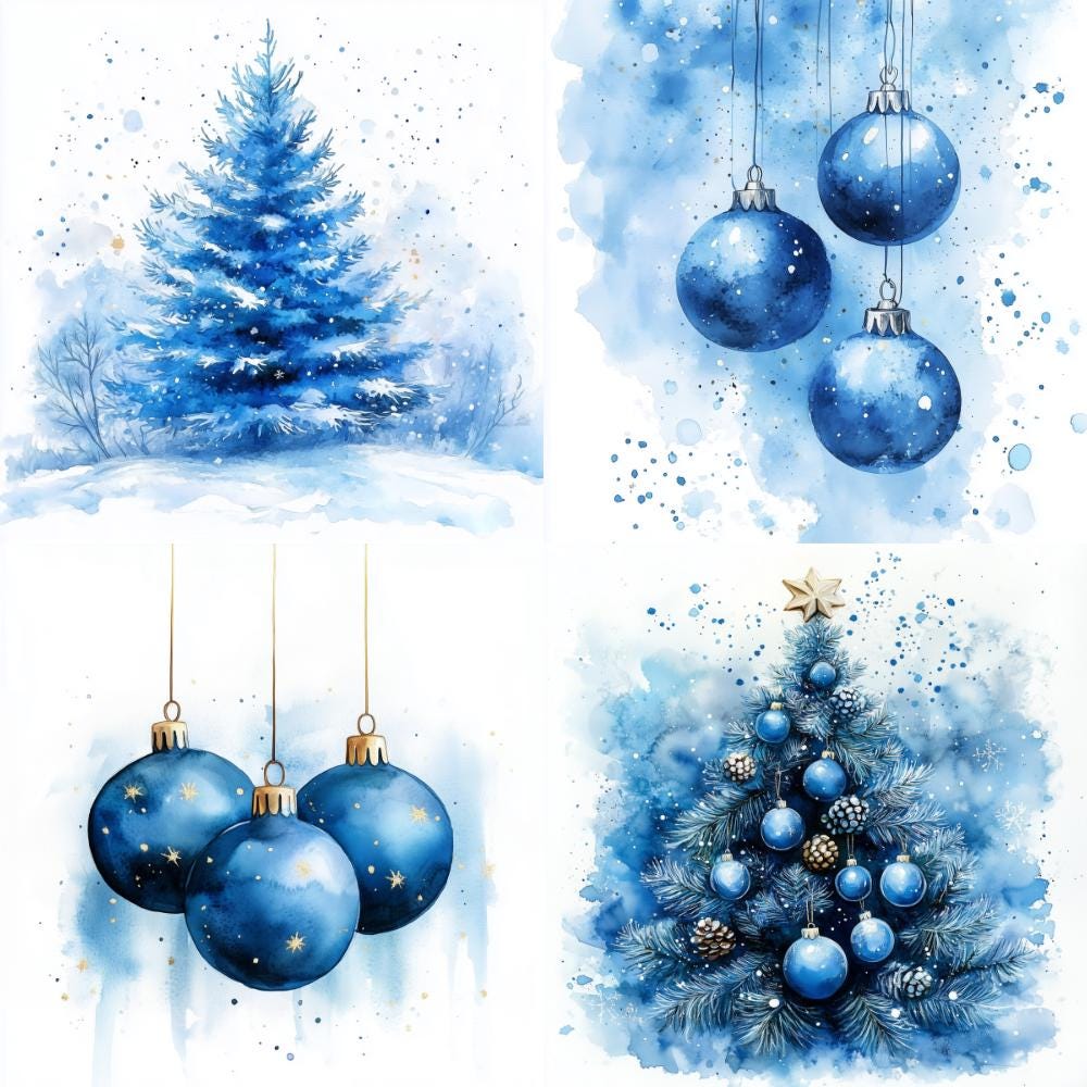 30 Blue Christmas Watercolor Clipart JPG, Digital Download, Junk ...