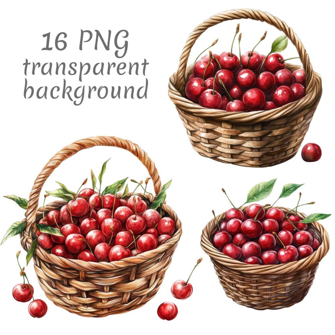 16 Cherry Basket Watercolor Clipart PNG, Digital Download, Junk ...