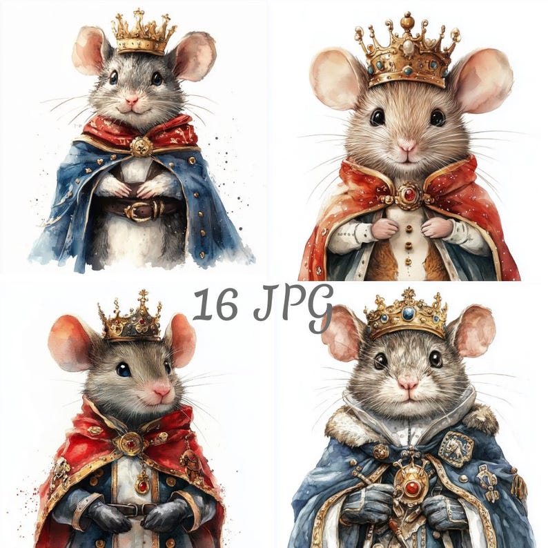16 Fairytale Mouse King Watercolor Clipart JPG, Digital Download, Junk ...