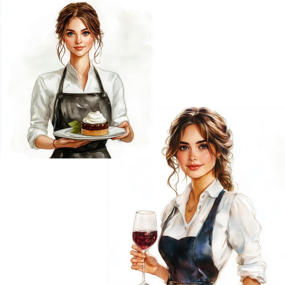 18 Woman Waitress Watercolor Clipart JPG, Digital Download, Junk ...