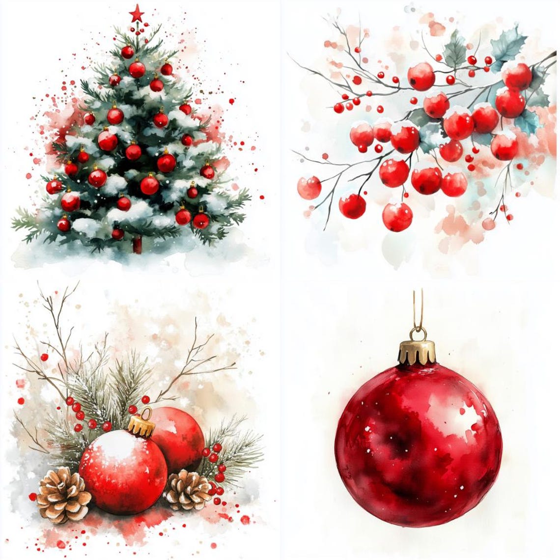 35 Red Christmas Watercolor Clipart JPG, Digital Download, Junk ...