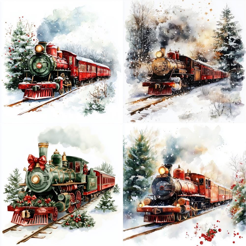 16 Christmas Train Watercolor Clipart JPG, Digital Download, Junk ...