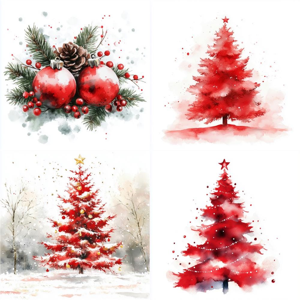 35 Red Christmas Watercolor Clipart JPG, Digital Download, Junk ...
