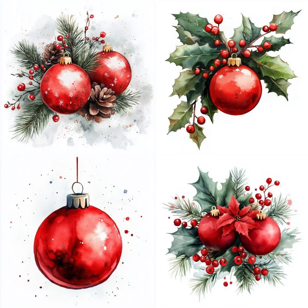 35 Red Christmas Watercolor Clipart JPG, Digital Download, Junk ...