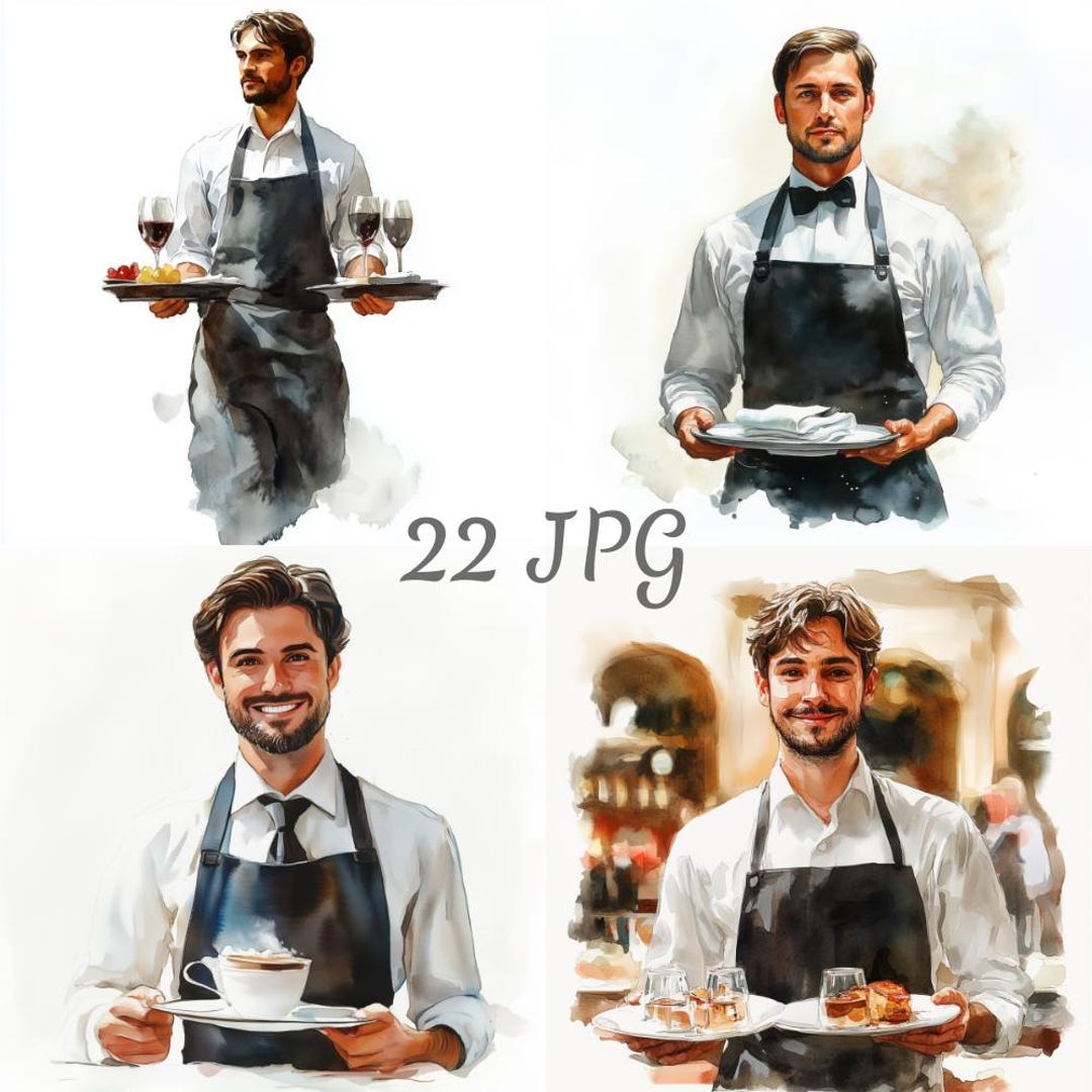 22 Man Waiter Watercolor Clipart JPG, Digital Download, Junk Journals ...