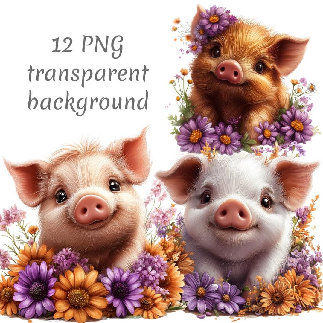 12 Realistic Cute Pig in Flowers Clipart PNG Digital Download Junk ...