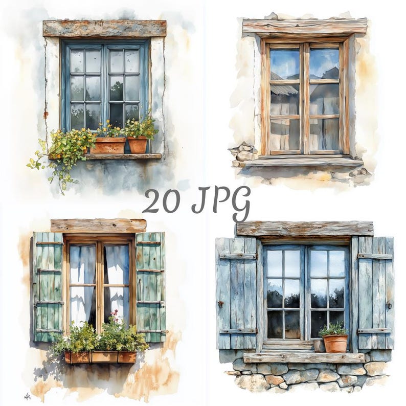 20 Rustic Window Watercolor Clipart JPG, Digital Download, Junk ...
