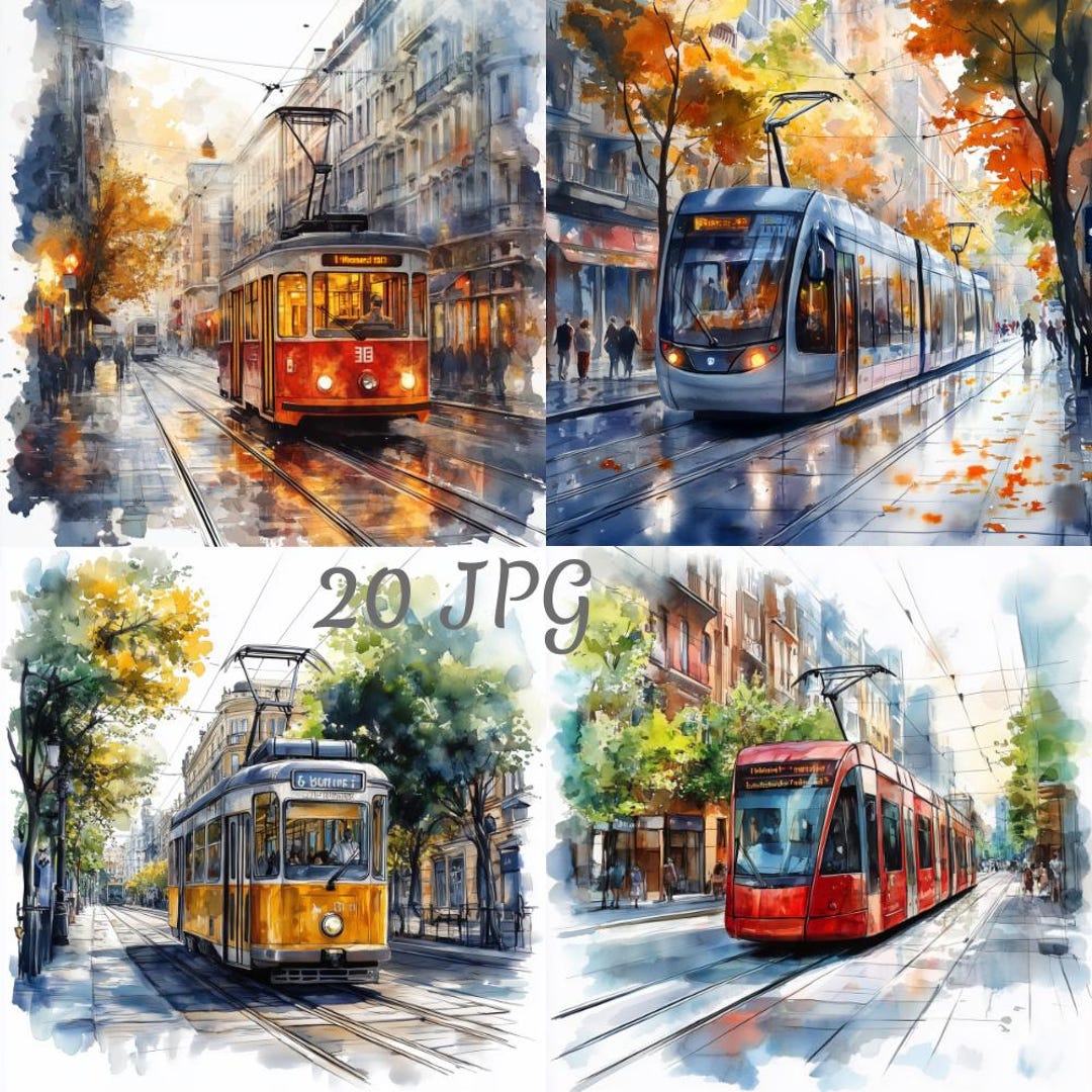 20 City Tram Watercolor Clipart JPG, Digital Download, Junk Journals ...