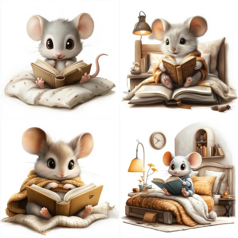 19 Mouse Reading a Book in Bed Clipart JPG, Digital Download, Junk ...