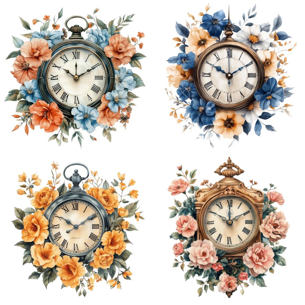 15 Vintage Clock With Flowers Watercolor Clipart PNG, Digital Download ...